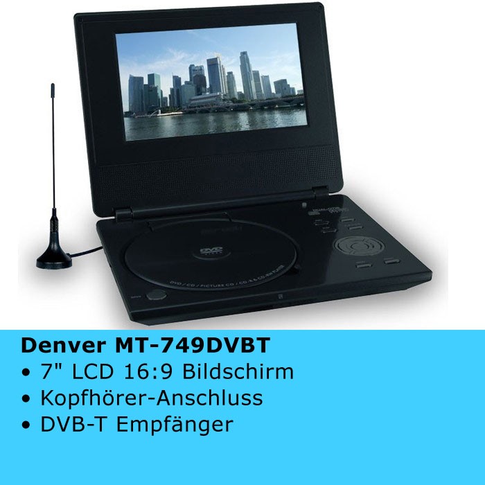 NEU PORTABEL DVD-PLAYER DVBT Receiver Antenne EPG Tuner Mobil Denver MT ...